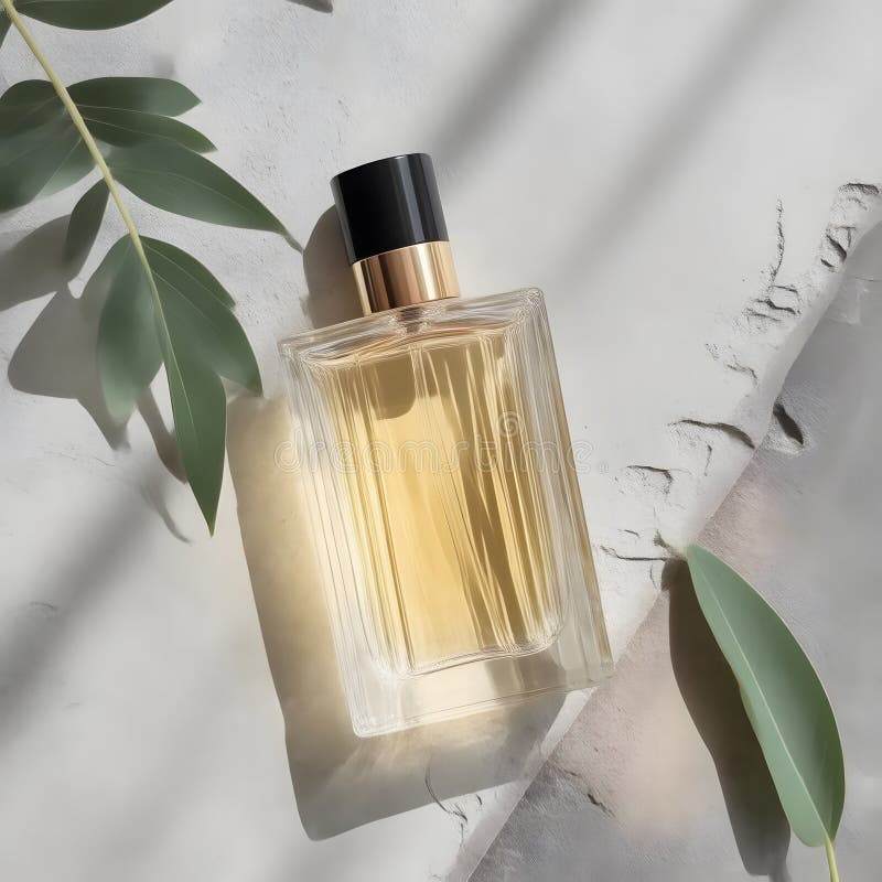 Refined Elegance Luxurious Perfume Bottle on Stone Surface with Green ...