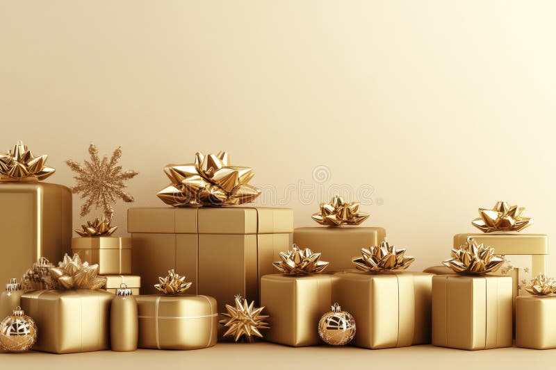 Refined Gold Gift Boxes Embellished with Festive Elements on a Soft ...