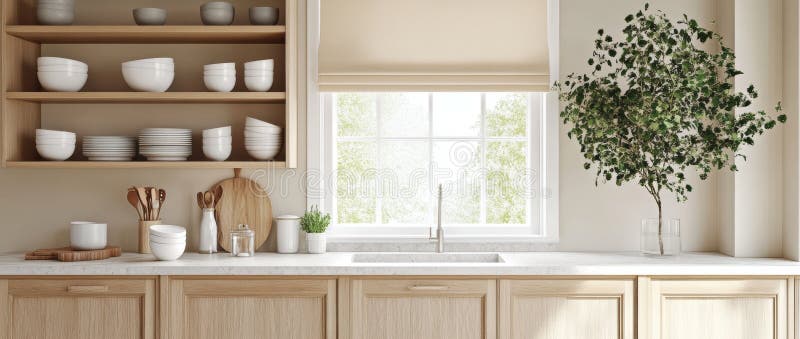 Refined Light Wood Kitchen Cabinets Complemented by White Dishes Stock ...