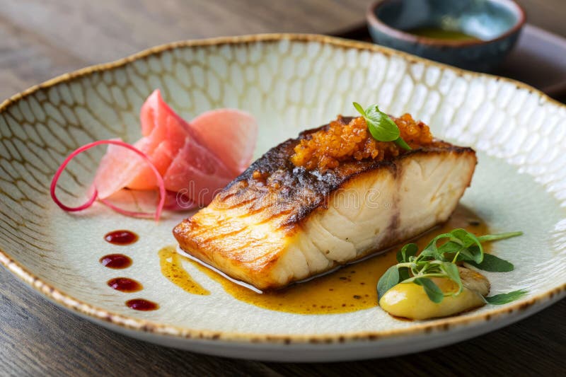 Refined Miso Glazed Black Cod Dish with Delicate Garnishes on Ornate ...