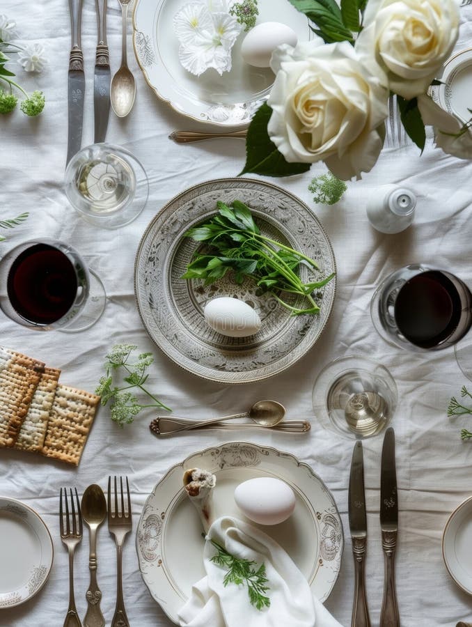 A Refined Passover Table Setting Featuring a Seder Plate with Herbs and ...