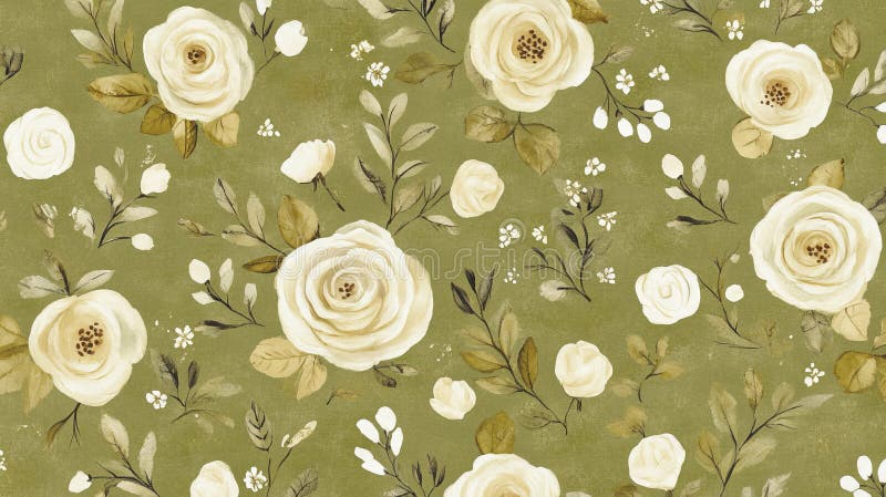 A Refined Pattern of Miniature Rose Branches Against a Gentle Green Hue ...