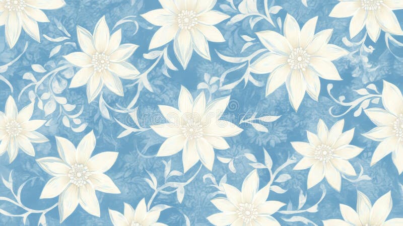 A Refined Pattern of Stylized Flowers and Leaves Set Against a Blue ...