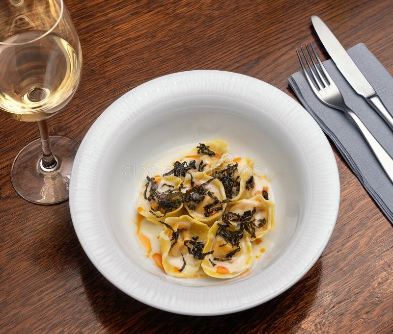 Refined Ravioli Dish with Wine Pairing Stock Image - Image of ravioli ...