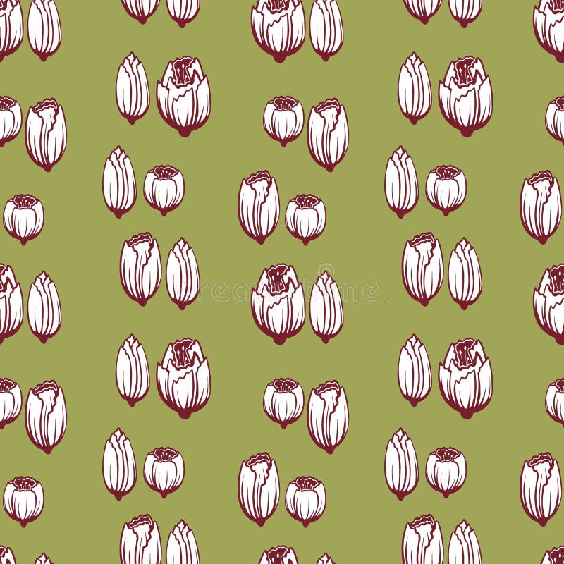 Seamless Pattern with Tulip Heads and Buds in Line Art Style Burgundy ...