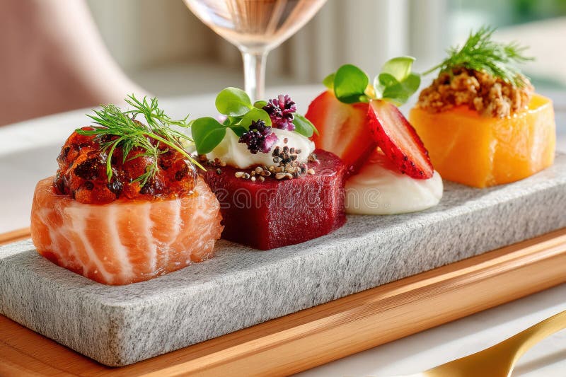 Refined Selection of Amuse Bouche on Stone Slab, Featuring Salmon ...
