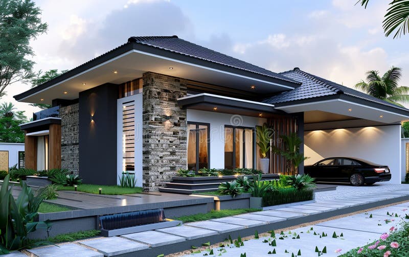 Refined Slate One-Story Modern House -Generative Ai Stock Image - Image ...