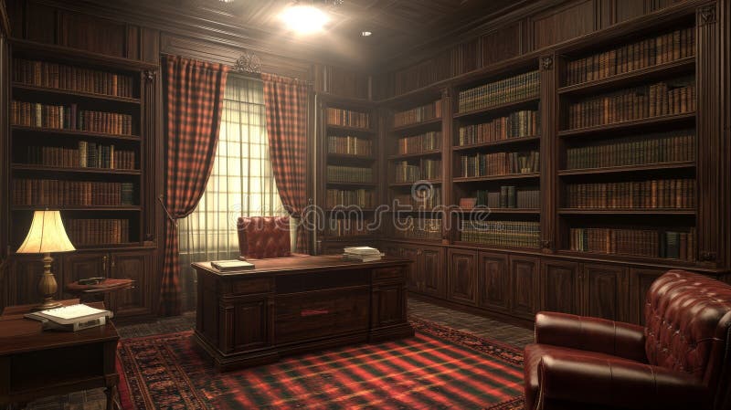 Refined Study Room with Dark Wood, Bookcases, and a Desk Stock Image ...