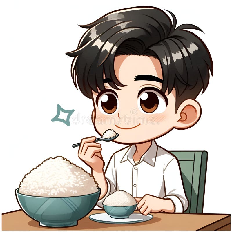Refined Taste: Handsome Young Man Dining on Rice, Generative AI. Stock ...