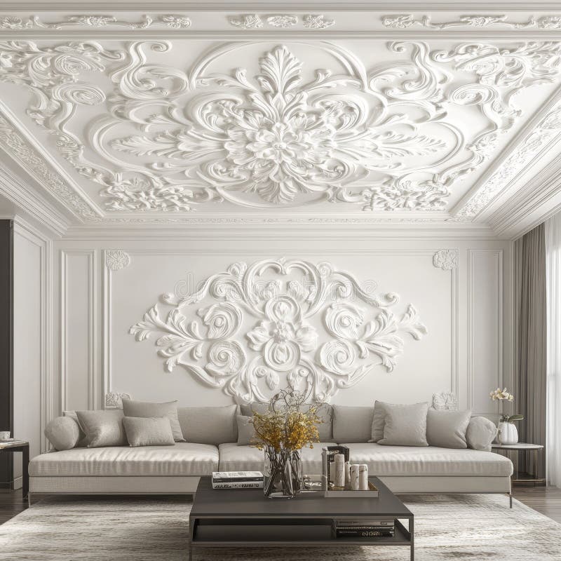 Refined White Wall Design with Rococo Elements and Stucco Moldings in ...