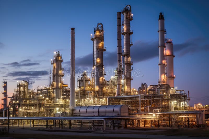 Refinery with Distillation Towers Against a Vibrant Skyline Stock ...
