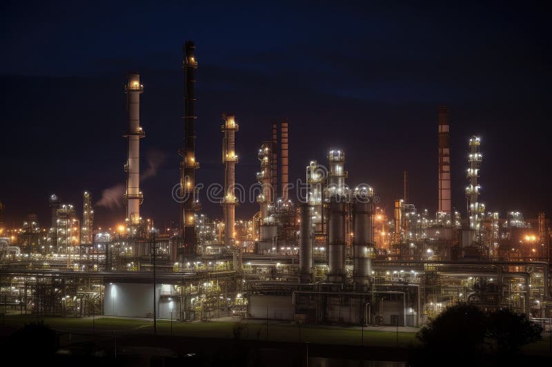 Refinery with Distillation Towers Against a Vibrant Skyline Stock ...