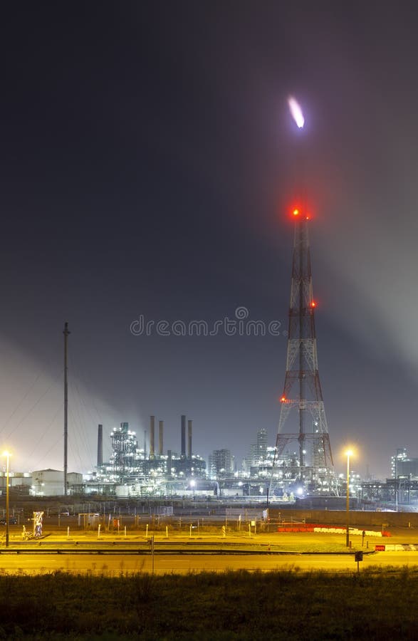 Refinery with Flare at Night Stock Photo - Image of building ...