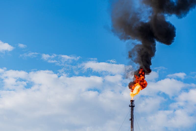 Refinery Flare Stack with Large Flare and Lots of Black Smoke, Copy ...