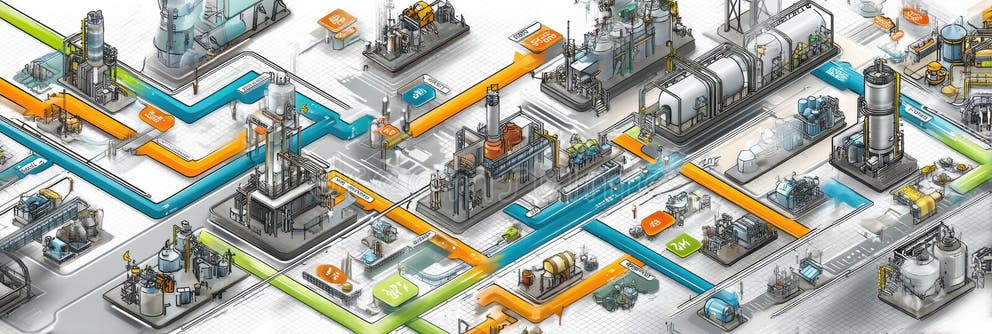 Refinery Layout Showcasing Isometric Design with Animated Workflow Arrows Ensuring Efficient ...