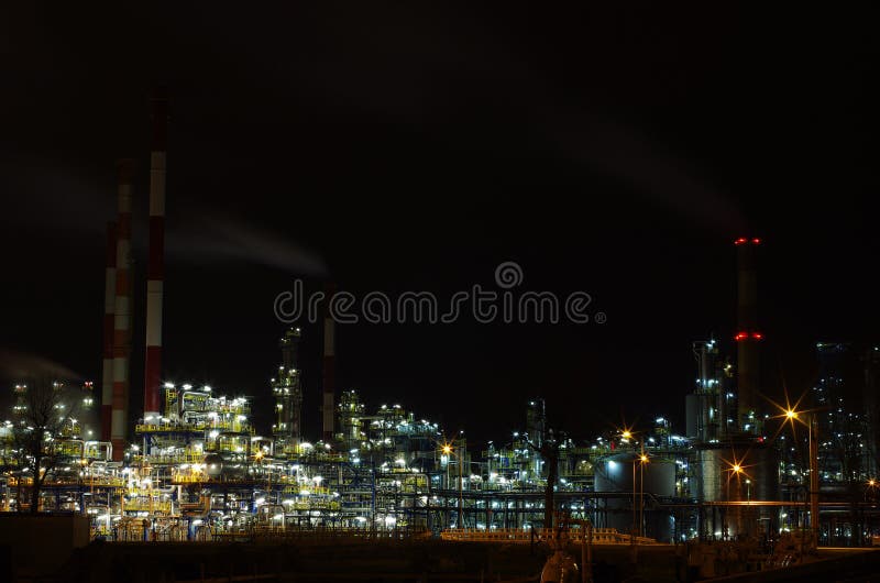 Night View of a Petrochemical Refinery Stock Image - Image of ...