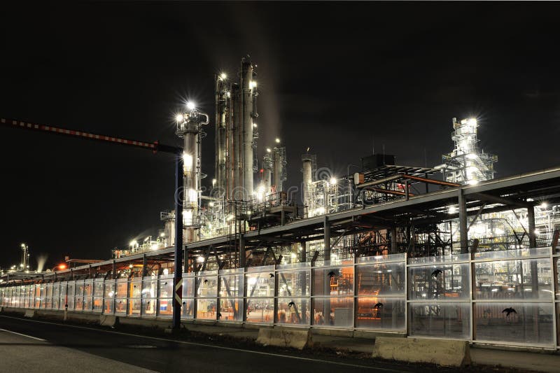 Big oil refinery in night stock image. Image of production - 25354745