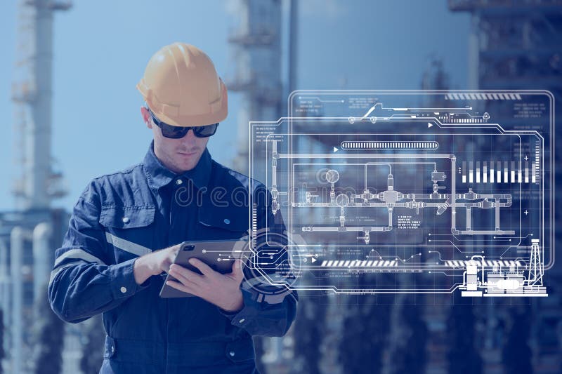 Refinery Petroleum Pipe Worker Using Modern Computer Software Technology Control Operation ...