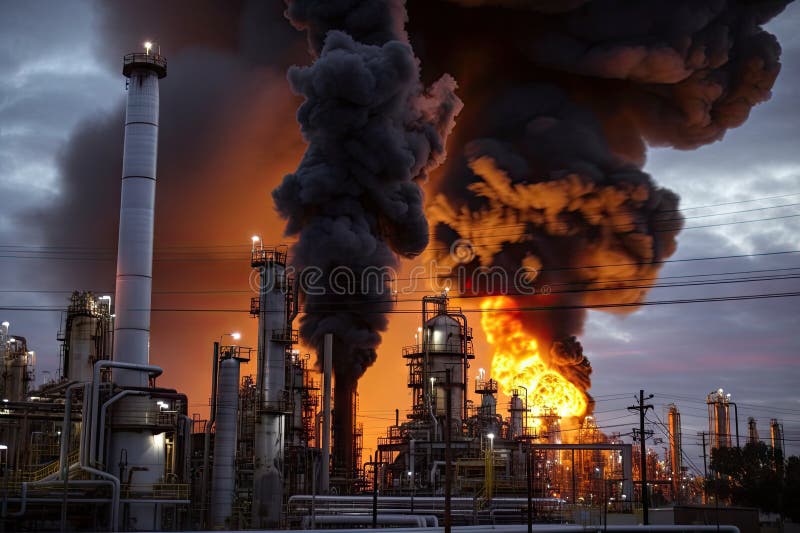 Refinery, with Smoke and Flames Billowing from Smokestacks Stock ...