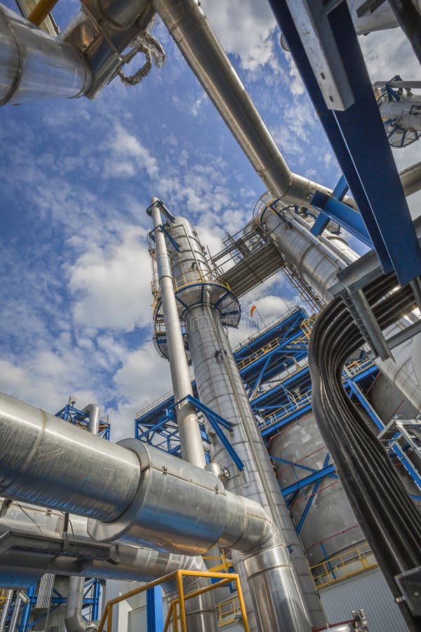 Refinery Structure with Cooling Tower in Twilight Stock Image - Image ...