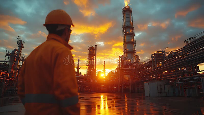 Refinery Worker Sunset Industrial Plant Safety Stock Illustration ...