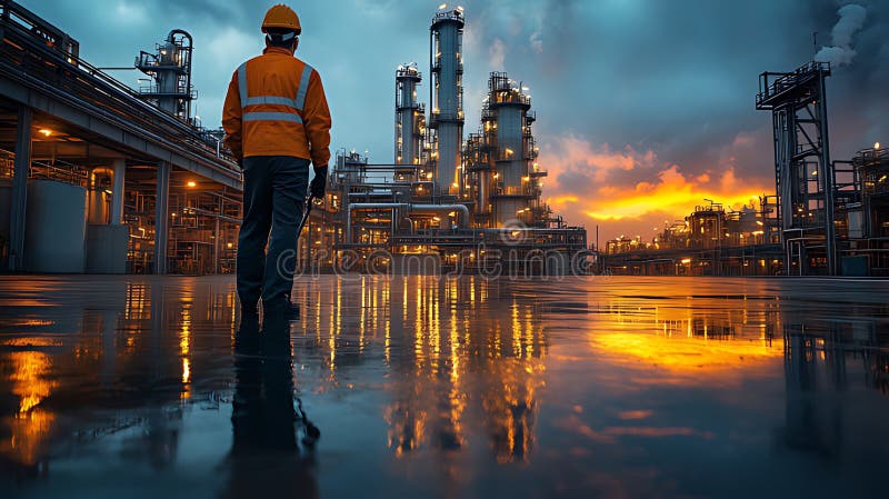 Refinery Worker Sunset Inspection Industrial Complex Stock Illustration ...