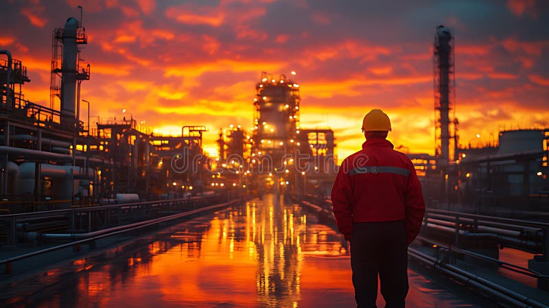 Refinery Worker Sunset Inspection Industrial Plant Safety Stock Illustration - Illustration of ...