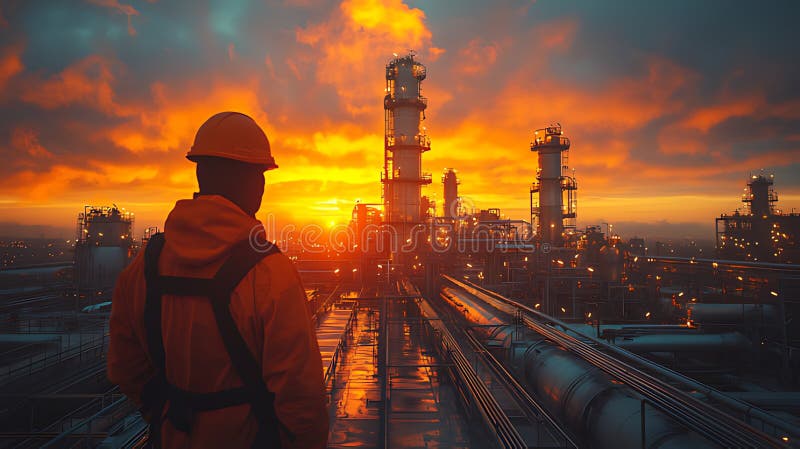 Refinery Worker Sunset Inspection Industrial Safety Stock Illustration ...