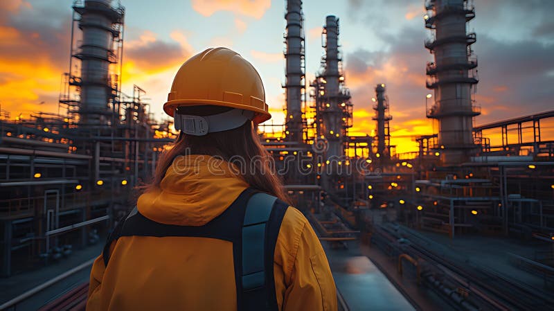 Refinery Worker Sunset Inspection Safety Stock Illustration ...