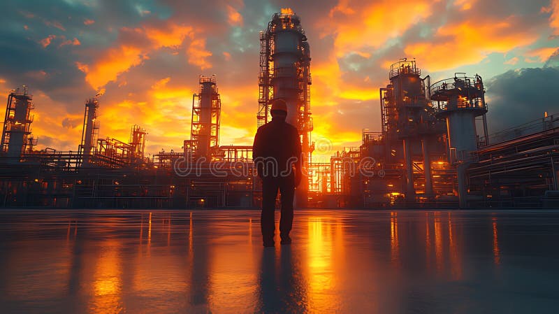 Refinery Worker Sunset Silhouette Industrial Complex Stock Illustration ...