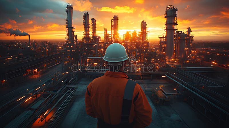 Refinery Worker Sunset View, Industrial Complex, Energy Production ...