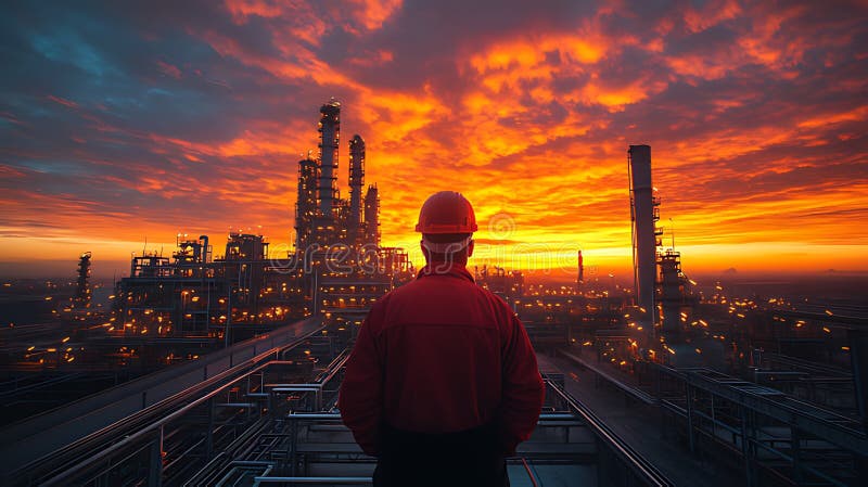 Refinery Worker Sunset View Industrial Complex Stock Illustration - Illustration of morning ...