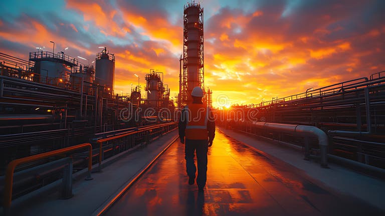 Refinery Worker Sunset Walk, Industrial Complex, Energy Production ...