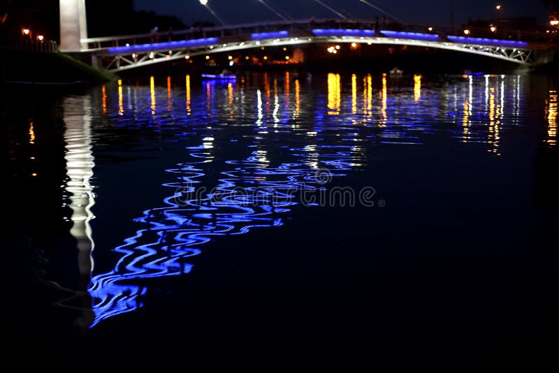 Reflected Night Lighting of the Bridge in the River Stock Image - Image ...