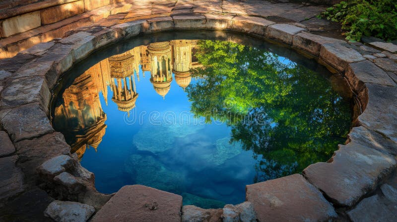Reflected Temple Architecture in a Stone-Lined Pool Stock Illustration ...