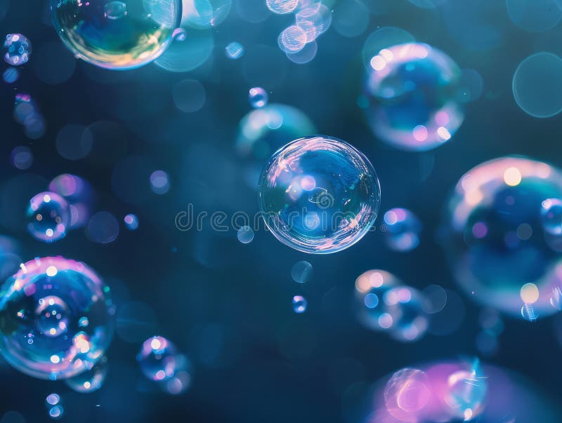 Reflecting Colorful Light, Bubbles Float Against Blue Background Stock ...