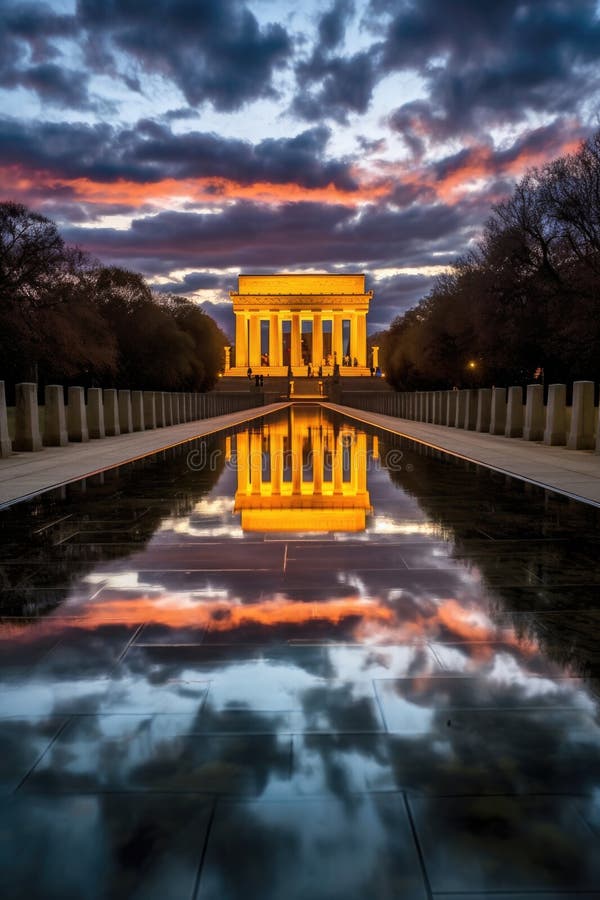 Reflecting Pool and Lincoln Memorial at Dusk Stock Illustration ...