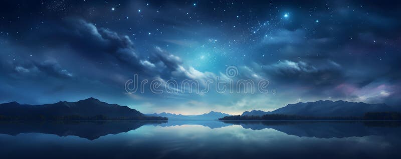Reflecting the Starry Night Sky on a Tranquil Lake with Drifting Clouds ...