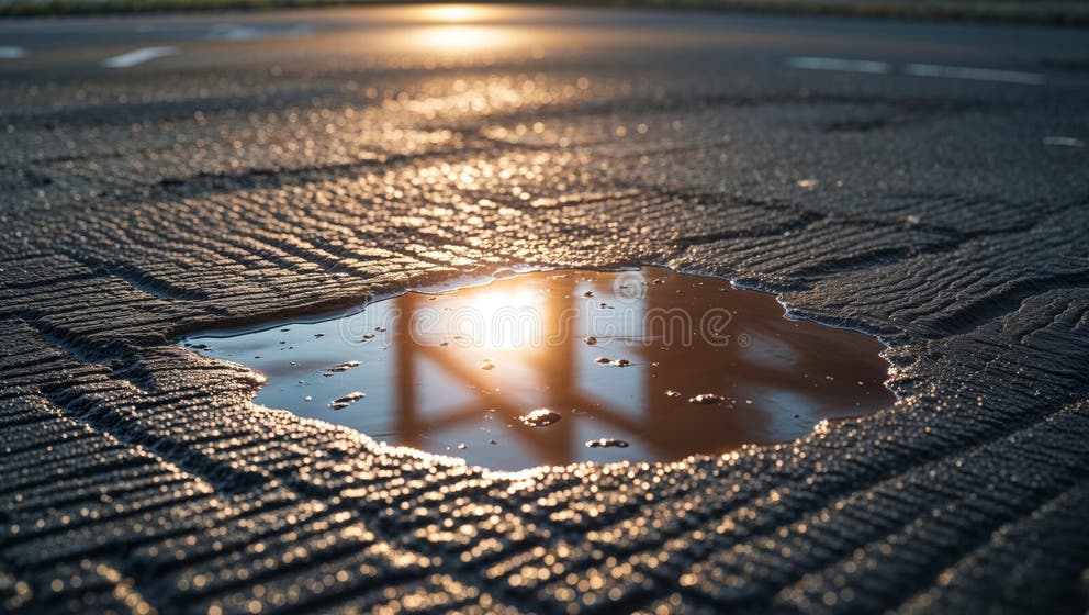 Reflecting Sunlight in a Puddle on the Textured Asphalt Surface Stock ...