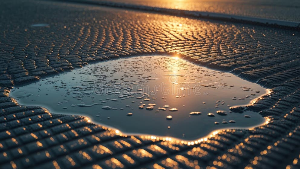 Reflecting Sunlight in a Puddle on the Textured Asphalt Surface. Stock ...