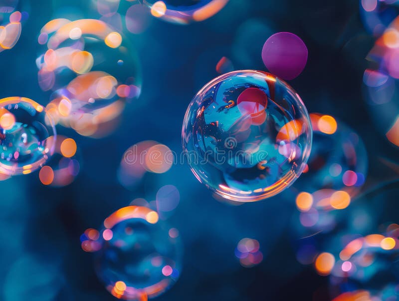 Reflecting Vibrant Light, Bubbles Float on Blue Background Stock ...