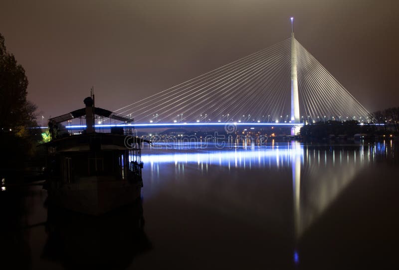Reflection of Ada Bridge and Ship on Sava River Stock Photo - Image of ...