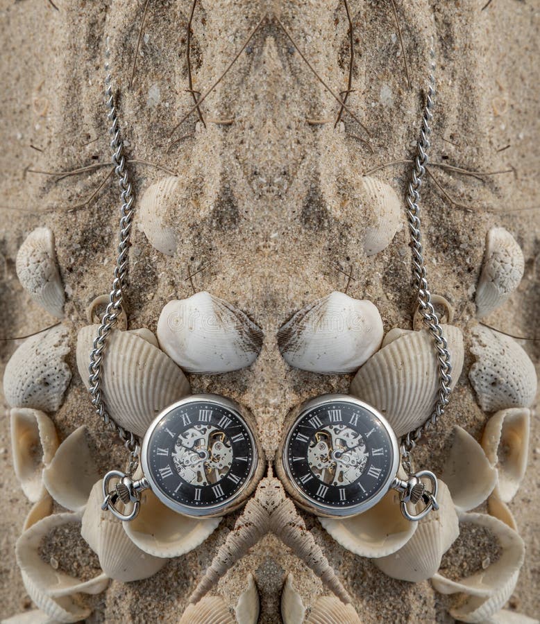 Reflection of Antique Pocket Watch and Shells in Sand on the Beach ...