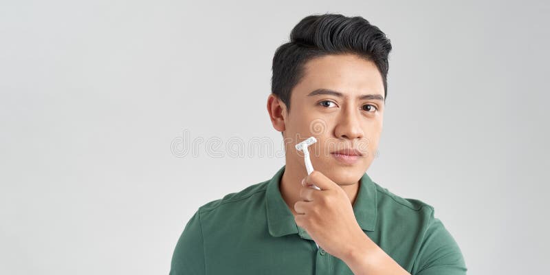 Reflection of a Asian Young Man Shaving Stock Image - Image of happy ...