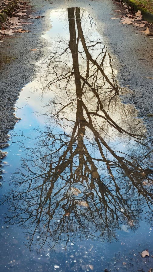 Reflection of a Bare Tree in a Water Puddle Stock Image - Image of tree ...