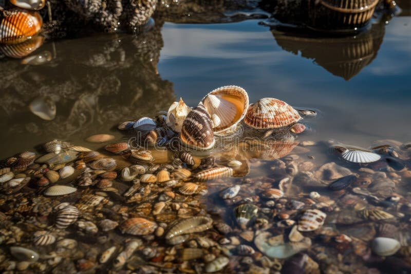 Reflection of Beachcomber on the Water S Surface, Surrounded by Shells ...