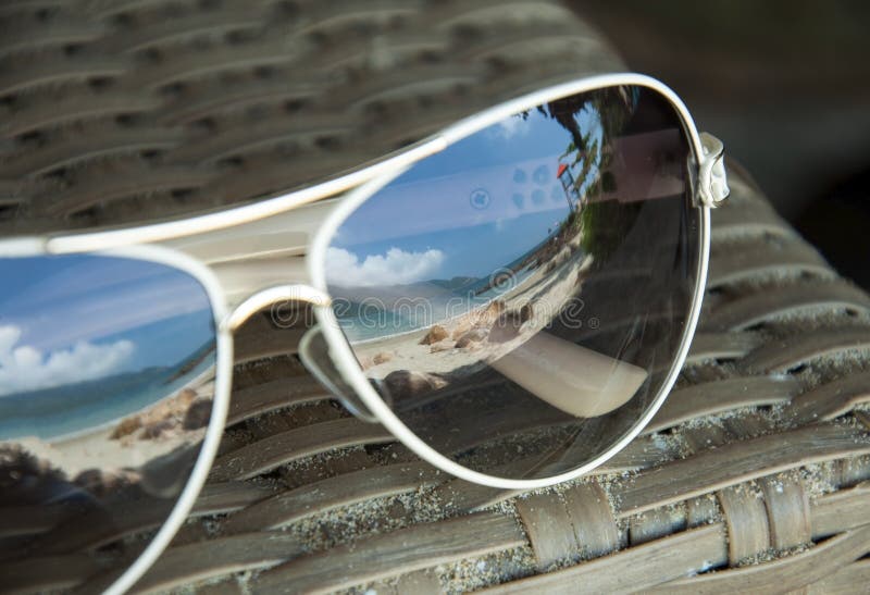 Reflection of a Beautiful Sea Beach in Sunglasses Stock Photo - Image ...