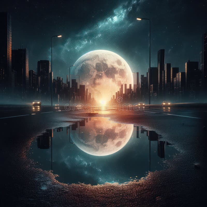 Reflection of a Big, Full Moon in a Puddle of Road. Stock Image - Image ...