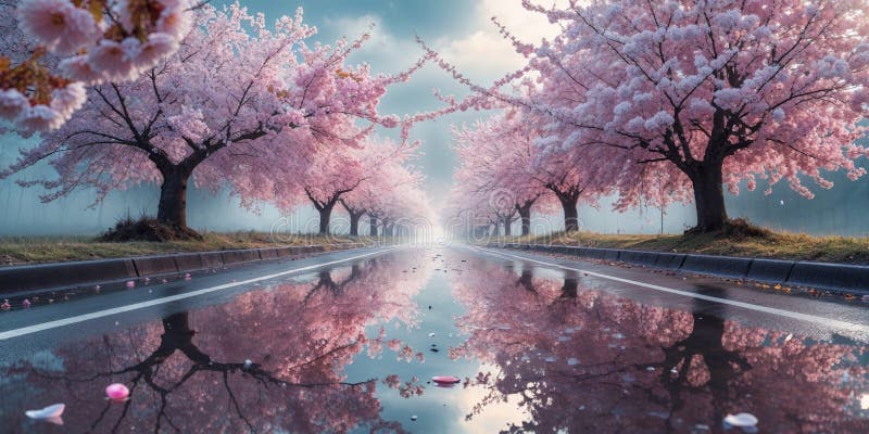 Reflection of Blooming Cherry Tree on Wet Road. Stock Photo - Image of ...