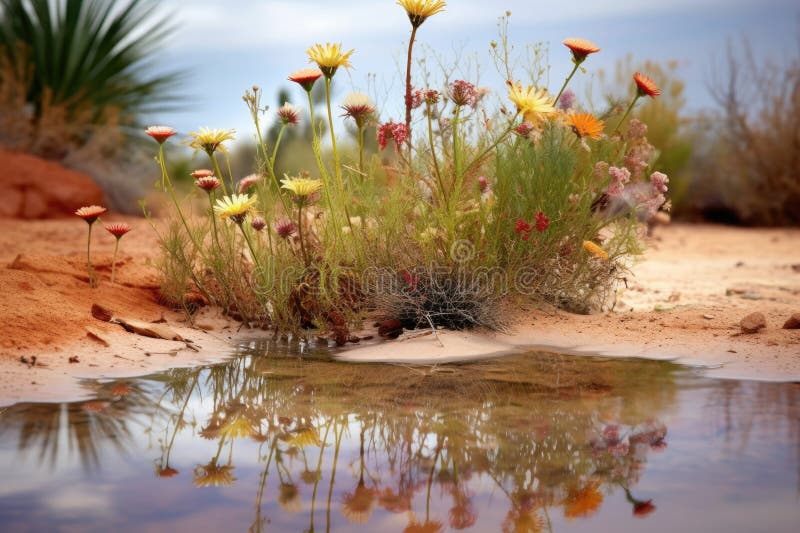 Reflection of Blooming Desert Plants in a Rain Puddle Stock Image ...